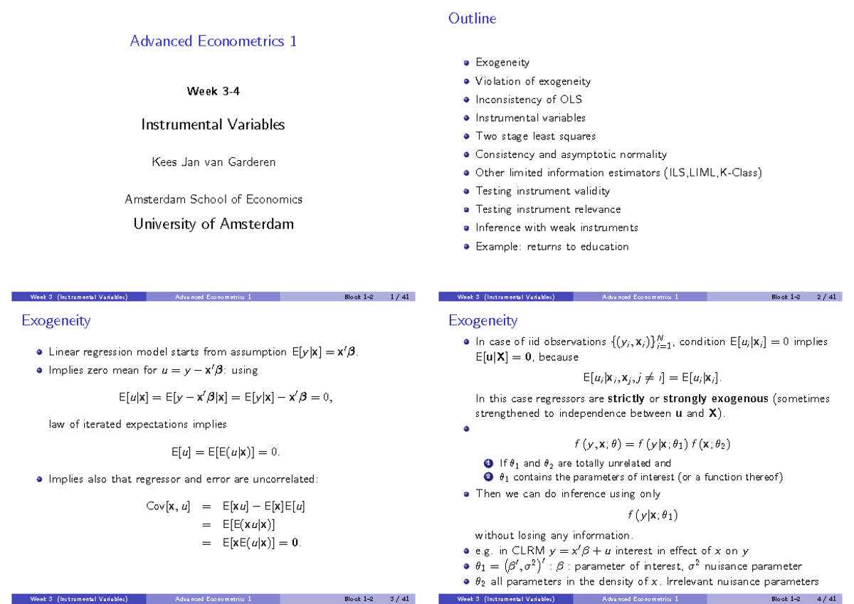 WEEK 3 - slides week 4 - Advanced Econometrics 1 Week 3- Instrumental Variables Kees Jan van ...
