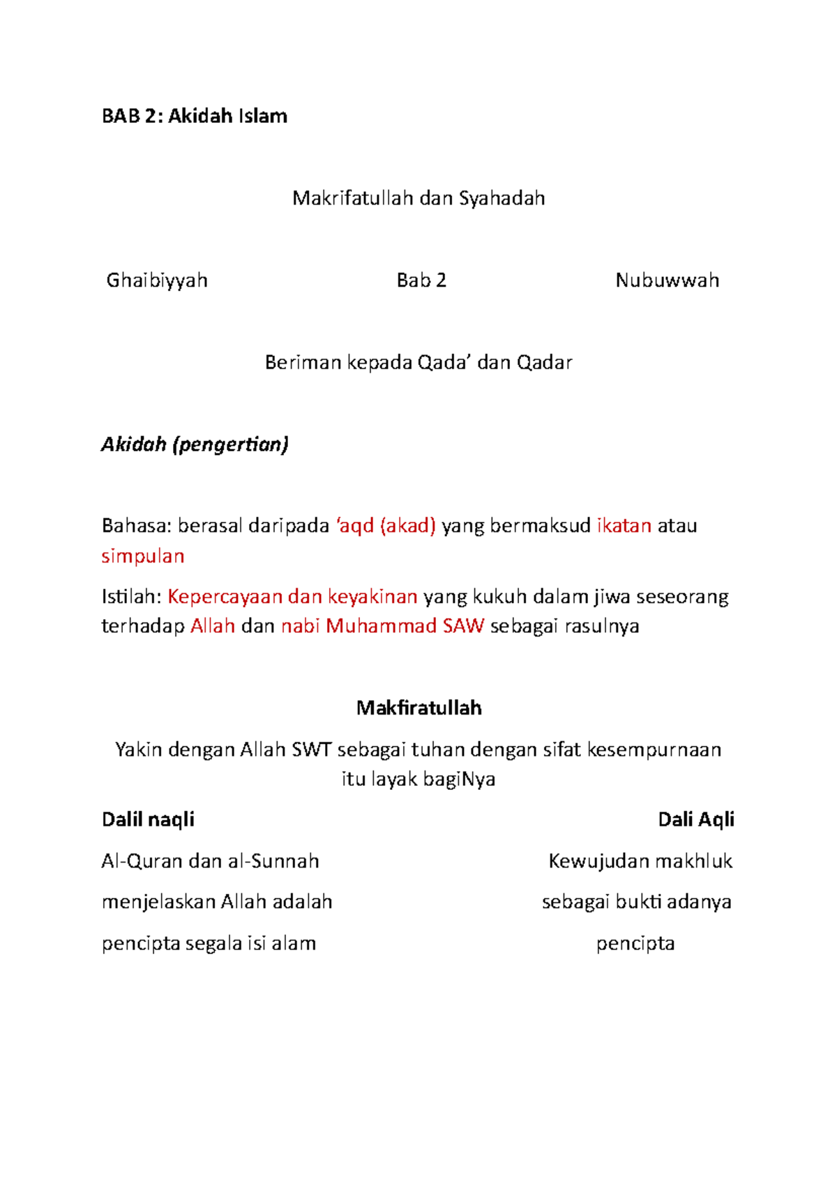 BAB 2 Akidah Islam Nota - Lecture notes 2 - BAB 2: Akidah Islam ...