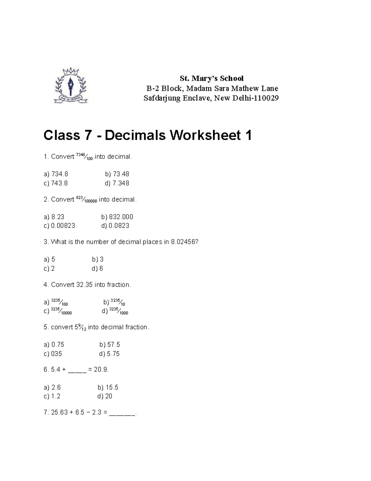 Class 7 - Decimals Worksheet - B-2 Block, Madam Sara Mathew Lane ...