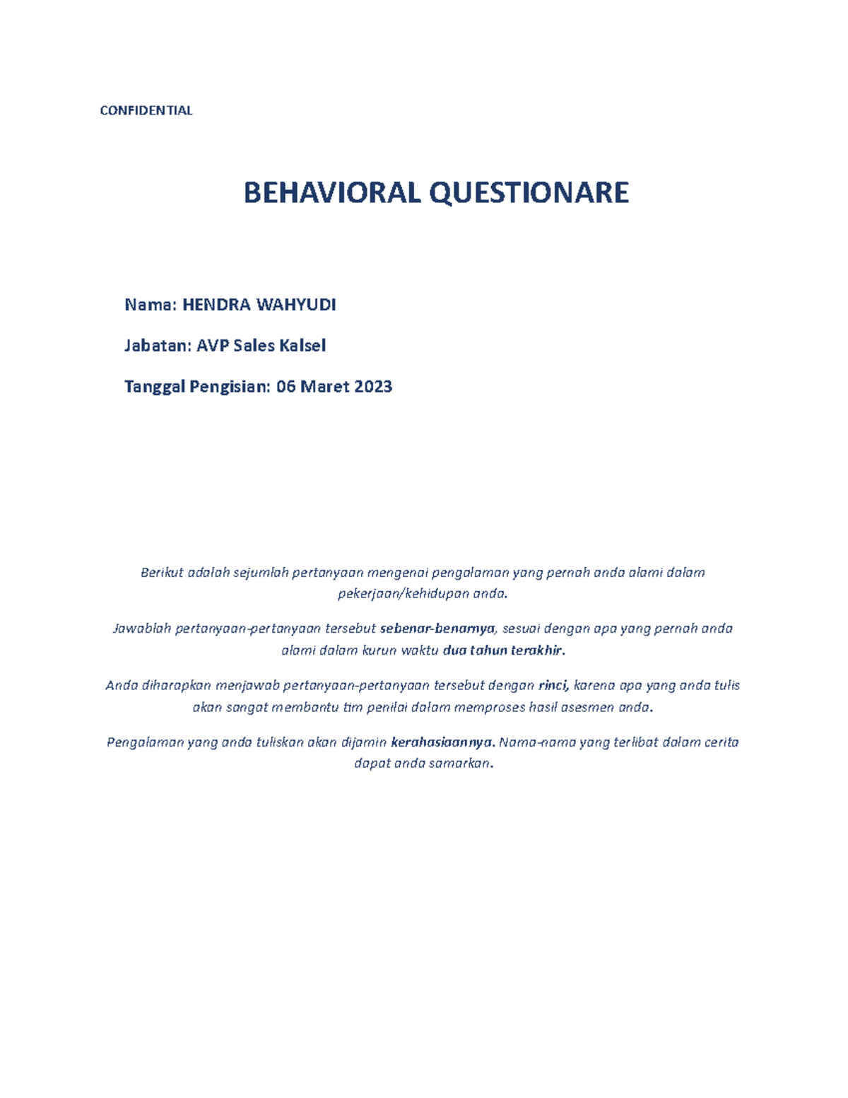Behavioral Questionnaire - PTPI - BOD2 - 2023 -A - CONFIDENTIAL ...