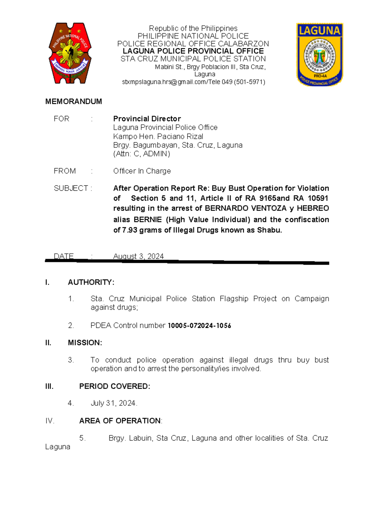 After Operation Report - MEMORANDUM FOR : Provincial Director Laguna ...