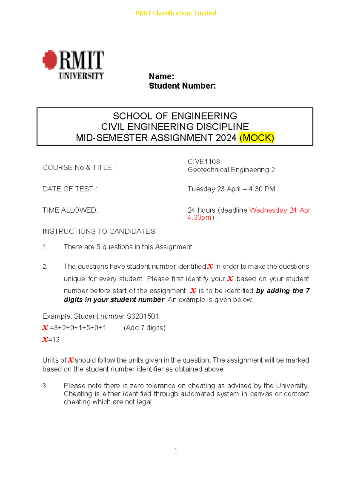 Mock Assignment 2024 - Mid term - CIVE1108 - Name: Student Number ...