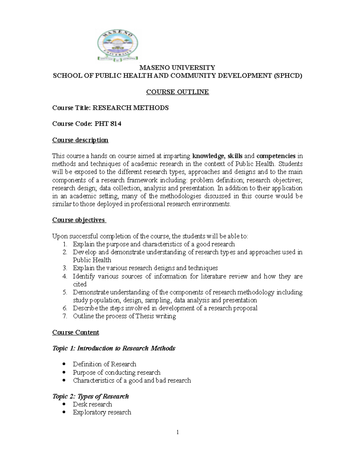 Course Outline- PHT 814- Research Methods - MASENO UNIVERSITY SCHOOL OF ...