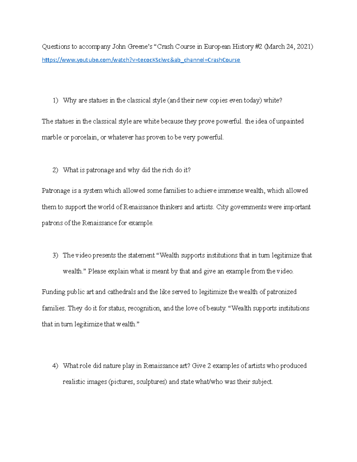 Questions John Greene Crash Course European History 2 the Italian ...