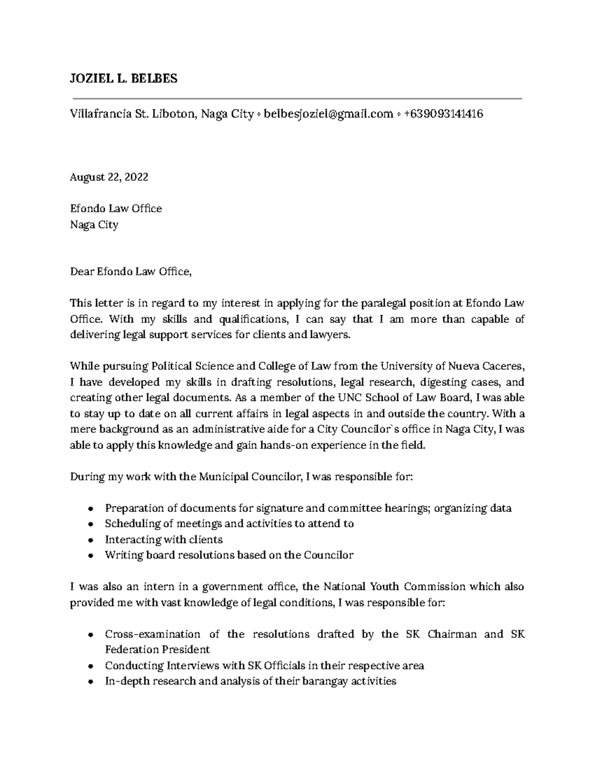 Belbes.Application Letter - JOZIEL L. BELBES Villafrancia St. Liboton ...