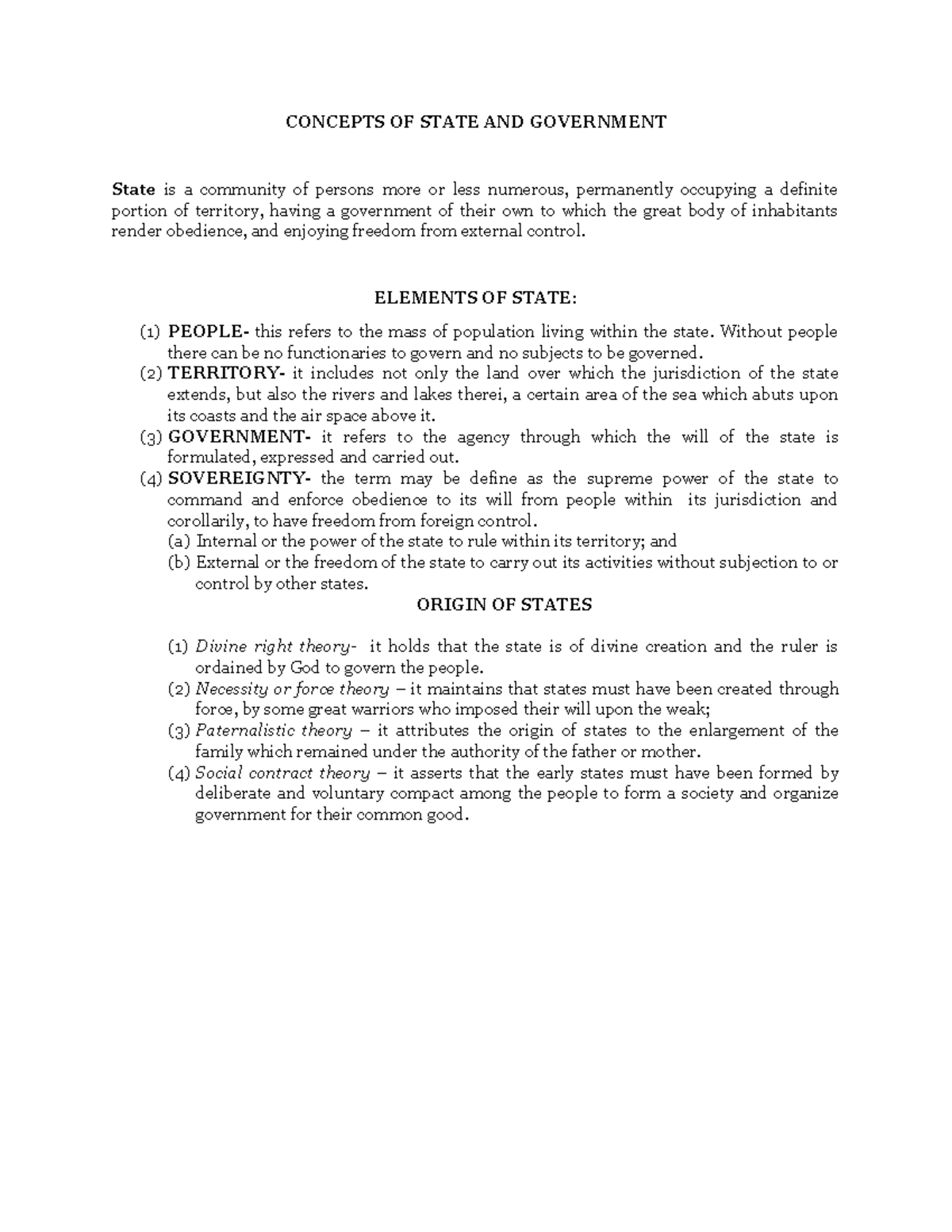 Political Science - CONCEPTS OF STATE AND GOVERNMENT State is a ...