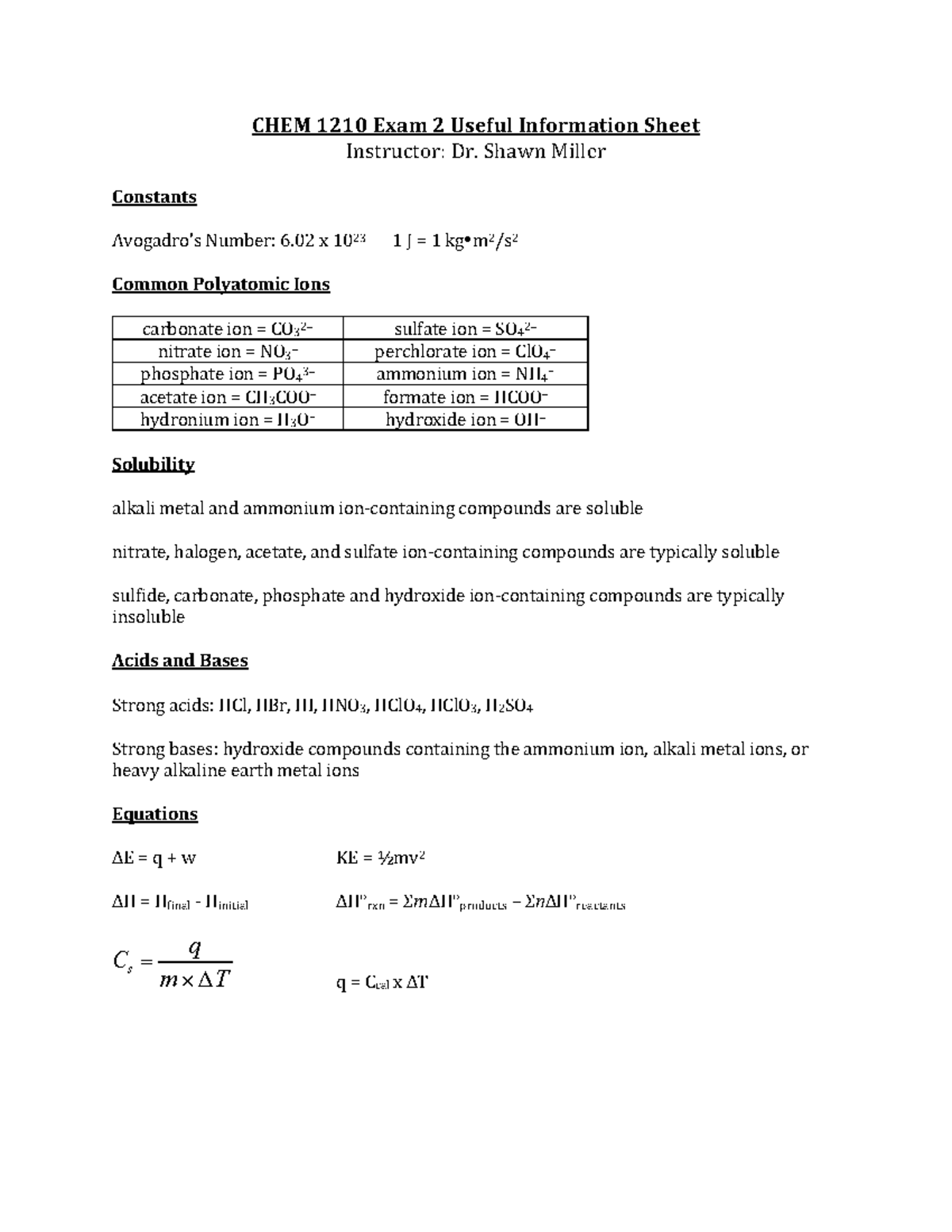 CHEM 1210 Exam 2 Useful Information Sheet and Periodic Table - CHEM ...