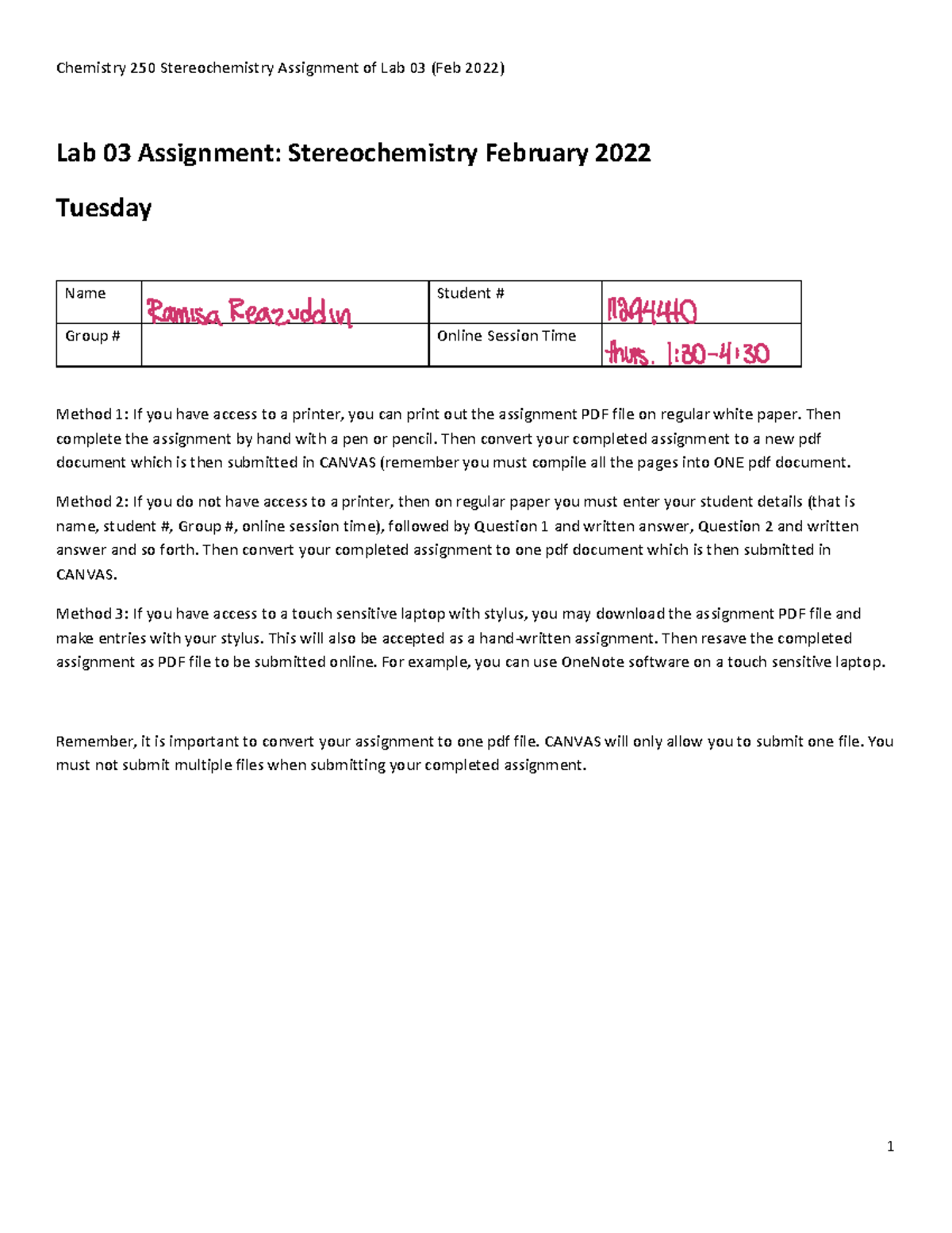 CHEM 250-LAB 03 - lab - Lab 03 Assignment: Stereochemistry February 2022 Tuesday Name Student ...