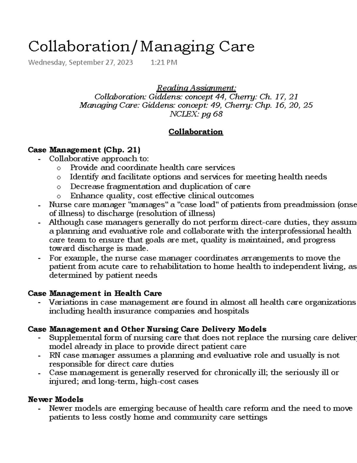 Collab:Manage Care - Collaboration Notes - Reading Assignment ...