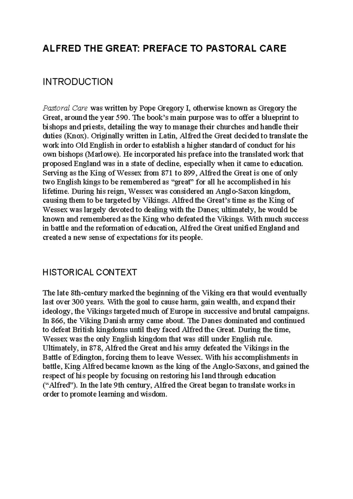 King Alfred Preface to Pastoral Care - ALFRED THE GREAT: PREFACE TO ...