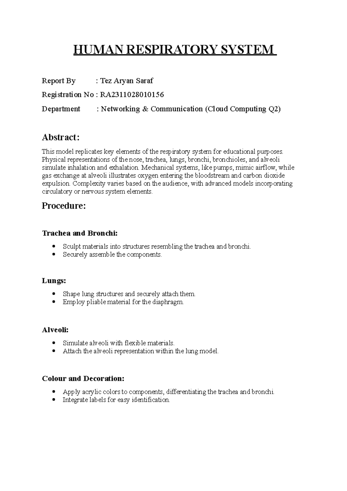 Tez Report - HUMAN RESPIRATORY SYSTEM Report By : Tez Aryan Saraf ...