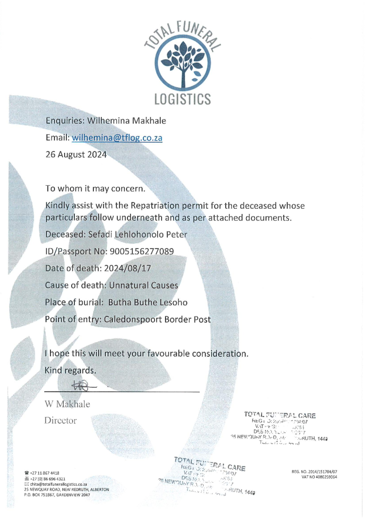 Sef - she is an intherlor - TOTAL FUNERAL LOGISTICS Enquiries ...