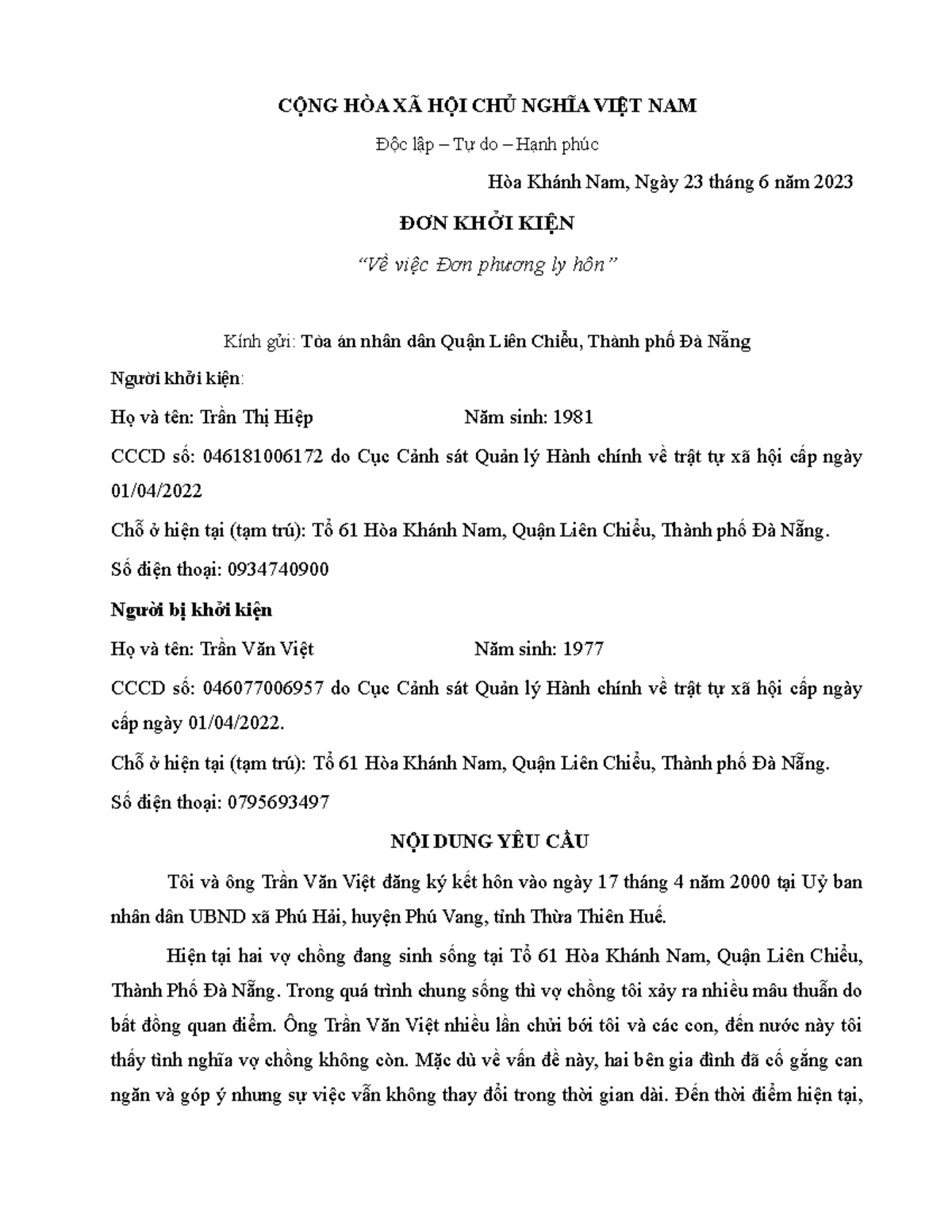 Mau don xin ly hon ban cap nhat moi nhat - CỘNG HÒA XÃ HỘI CHỦ NGHĨA ...