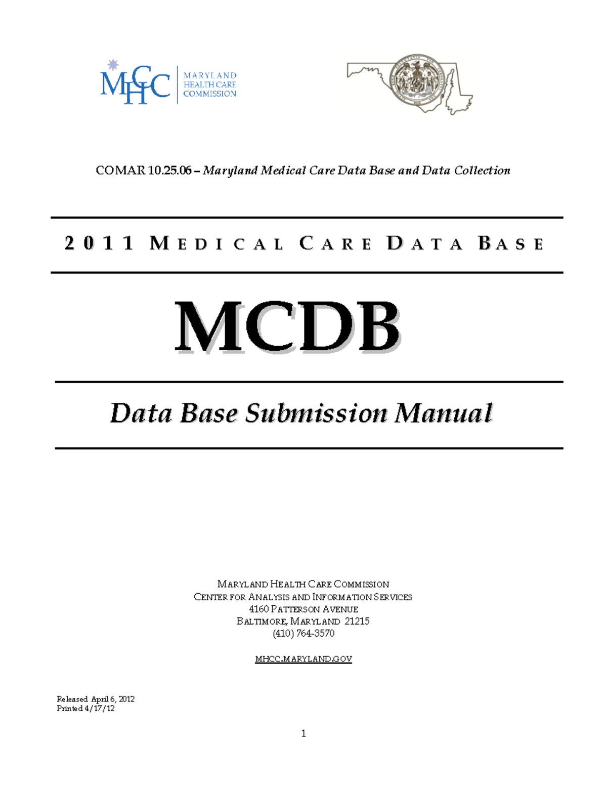 MCDB 2011 Data Submission Manual 2012 0406 - COMAR 10.25 – Maryland Medical Care Data Base and ...