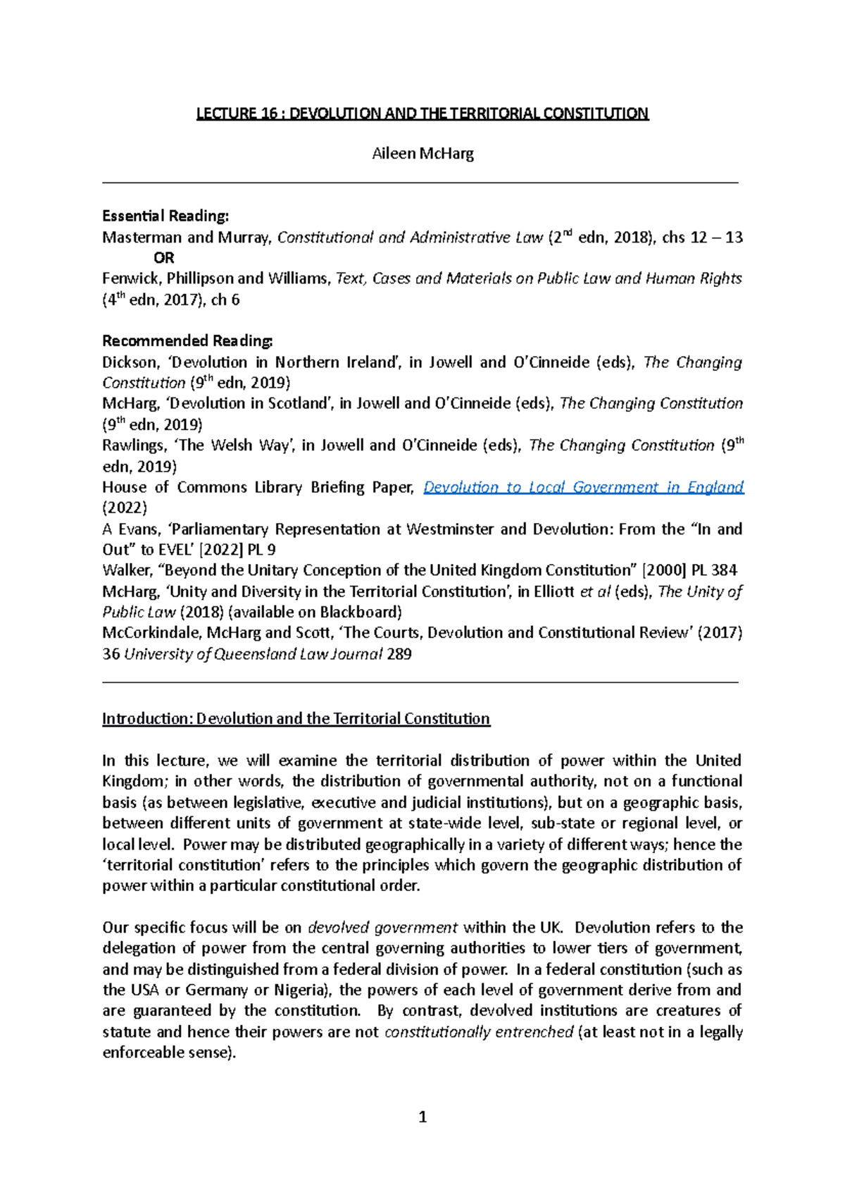 Lecture 16 2021-22 - LECTURE 16 : DEVOLUTION AND THE TERRITORIAL CONSTITUTION Aileen McHarg ...