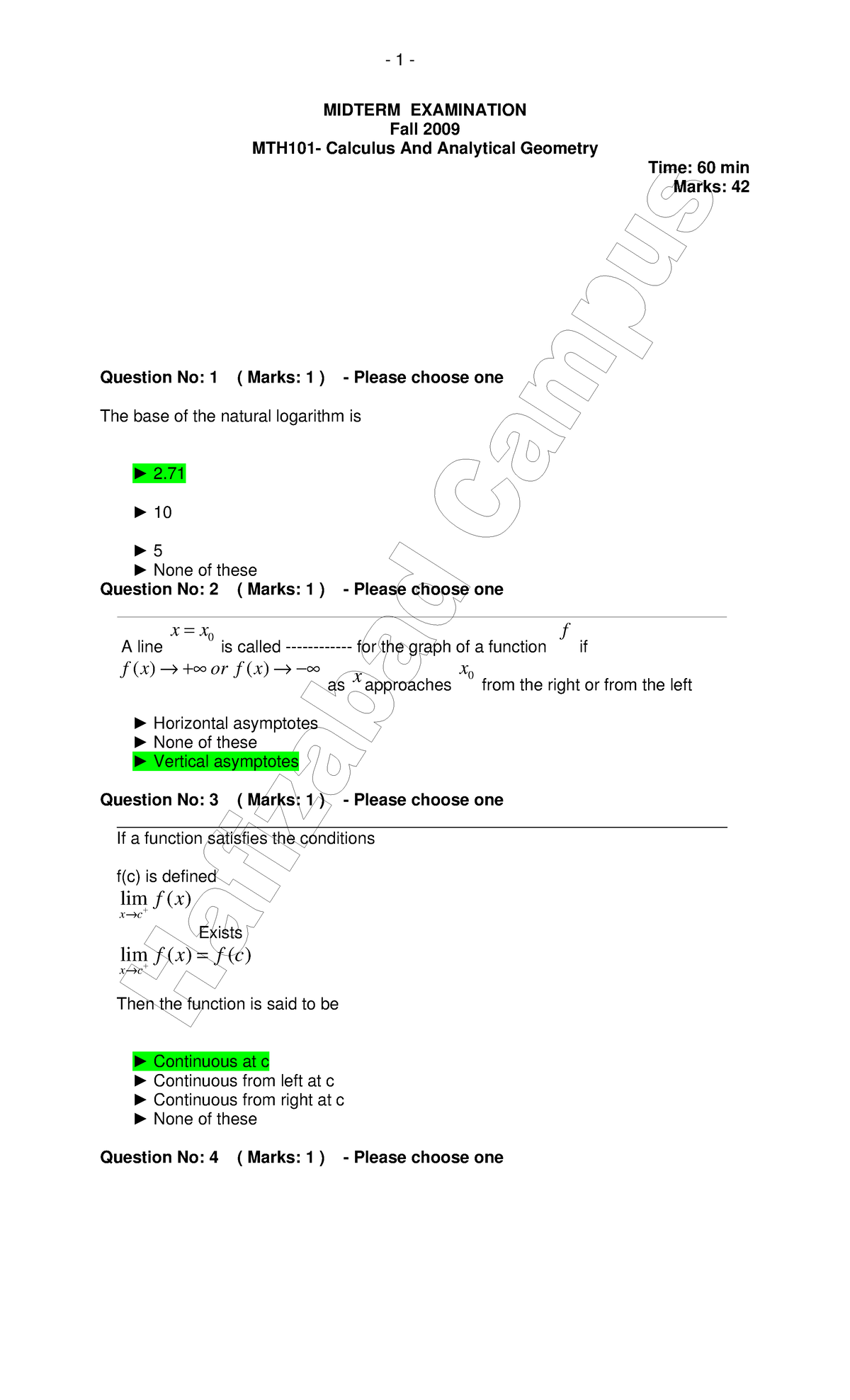 MCQS FILE BY Asfand YARR (13) - MIDTERM EXAMINATION Fall 2009 MTH101- Calculus And Analytical ...