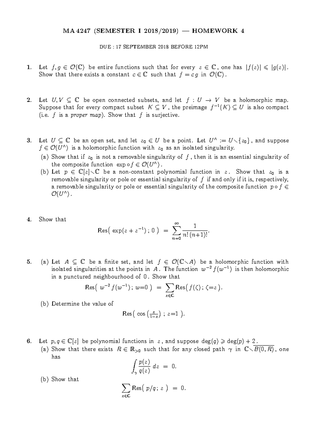 V Be A Holomorphic Map Theory Of Functions Of A Complex Variable Ma 4247 Semester I 2018