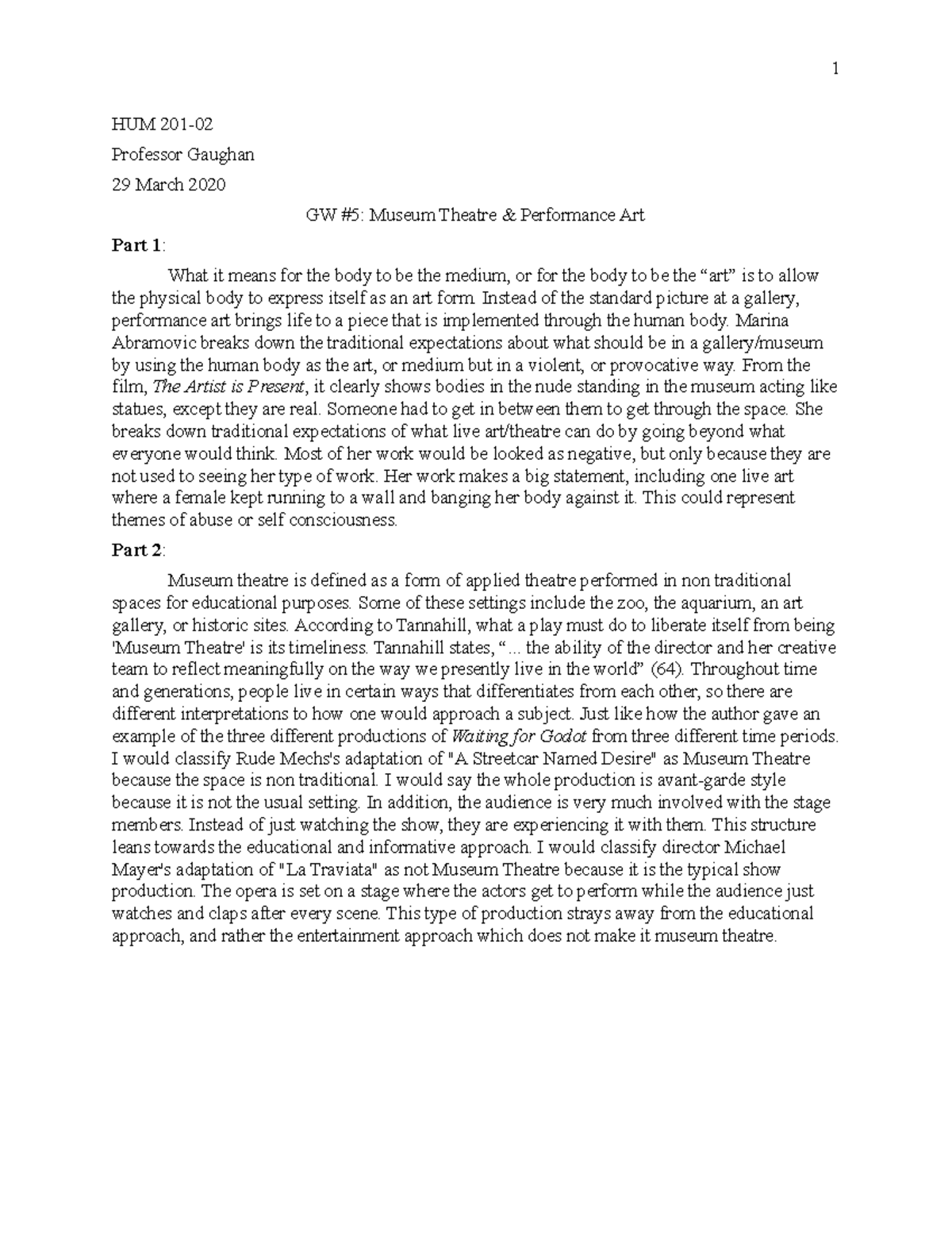 HUM 201-02 GW #5 Museum Theatre & Performance ART - 1 HUM 201 ...