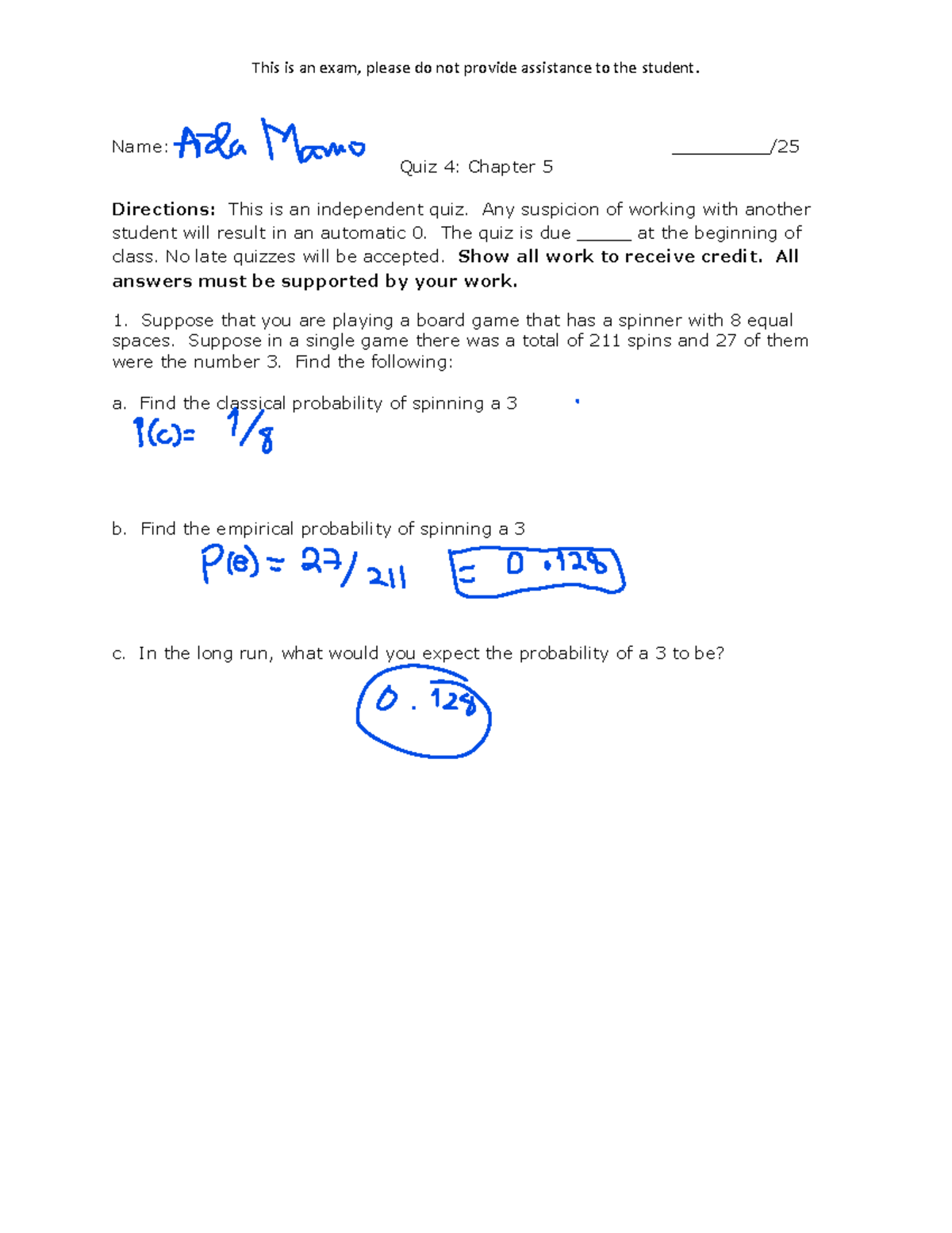 Quiz 4 - Chapter 5 - Stats quiz example - Name: _________/ Quiz 4 ...