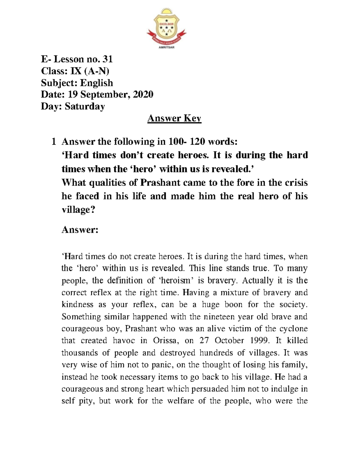 Answer Key Assignment 31 Class Ix Converted E Lesson No 31 Class Ix A N Subject English