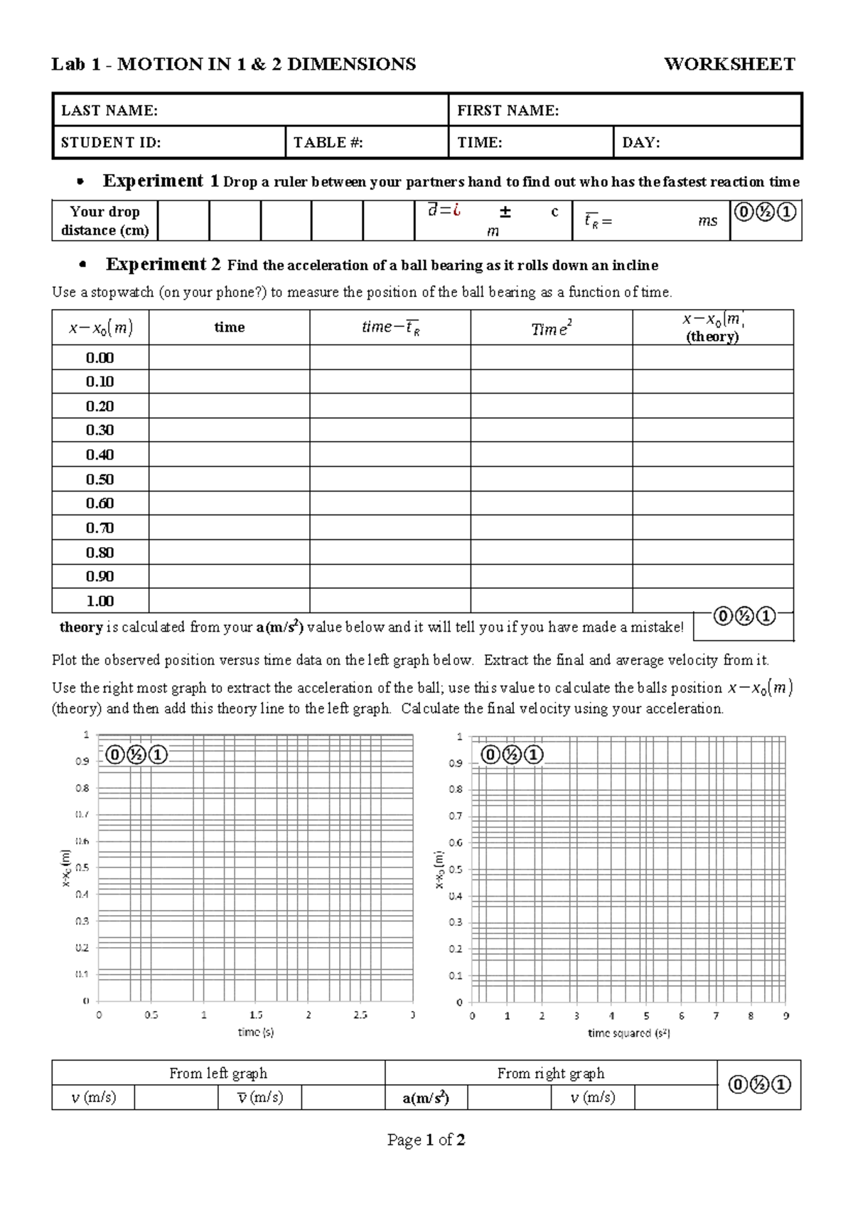 Lab 1- Motion IN 1 & 2 Dimensions Worksheet - Lab 1 - MOTION IN 1 & 2 ...