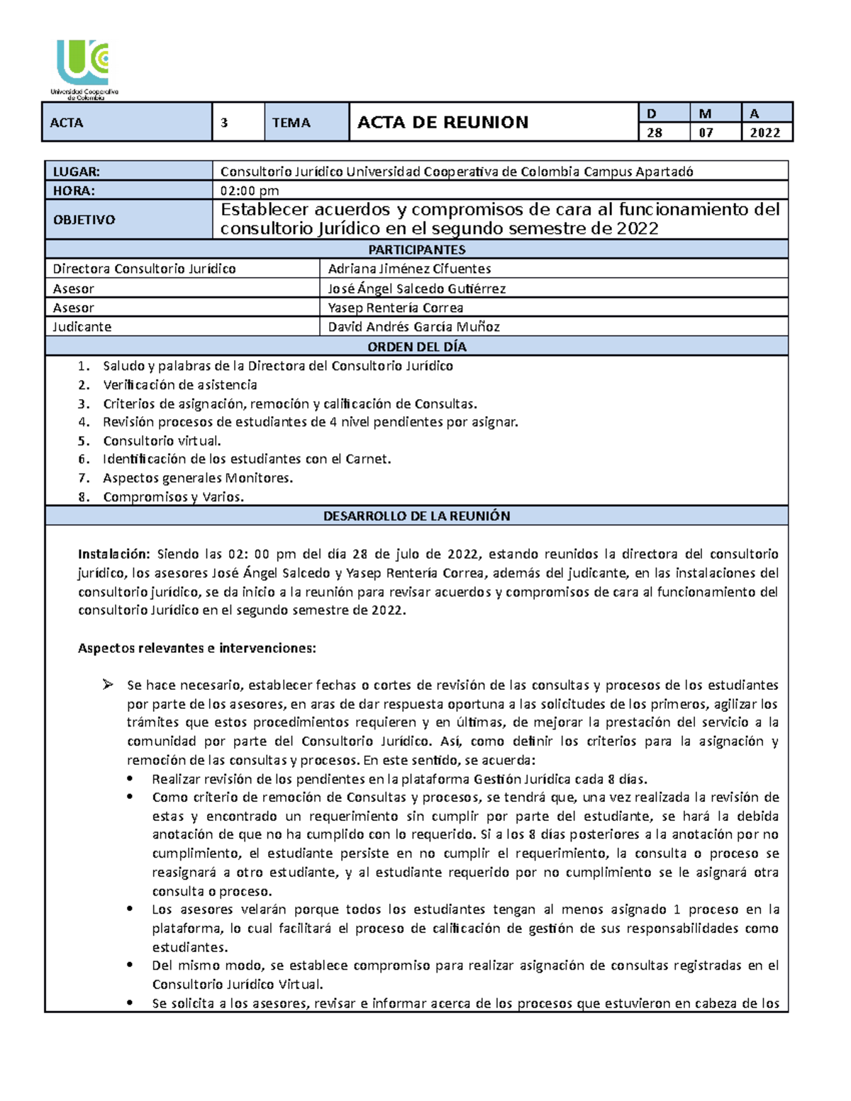Acta 02 - Reunión con Asesores - ACTA 3 TEMA ACTA DE REUNION D M A 28 ...