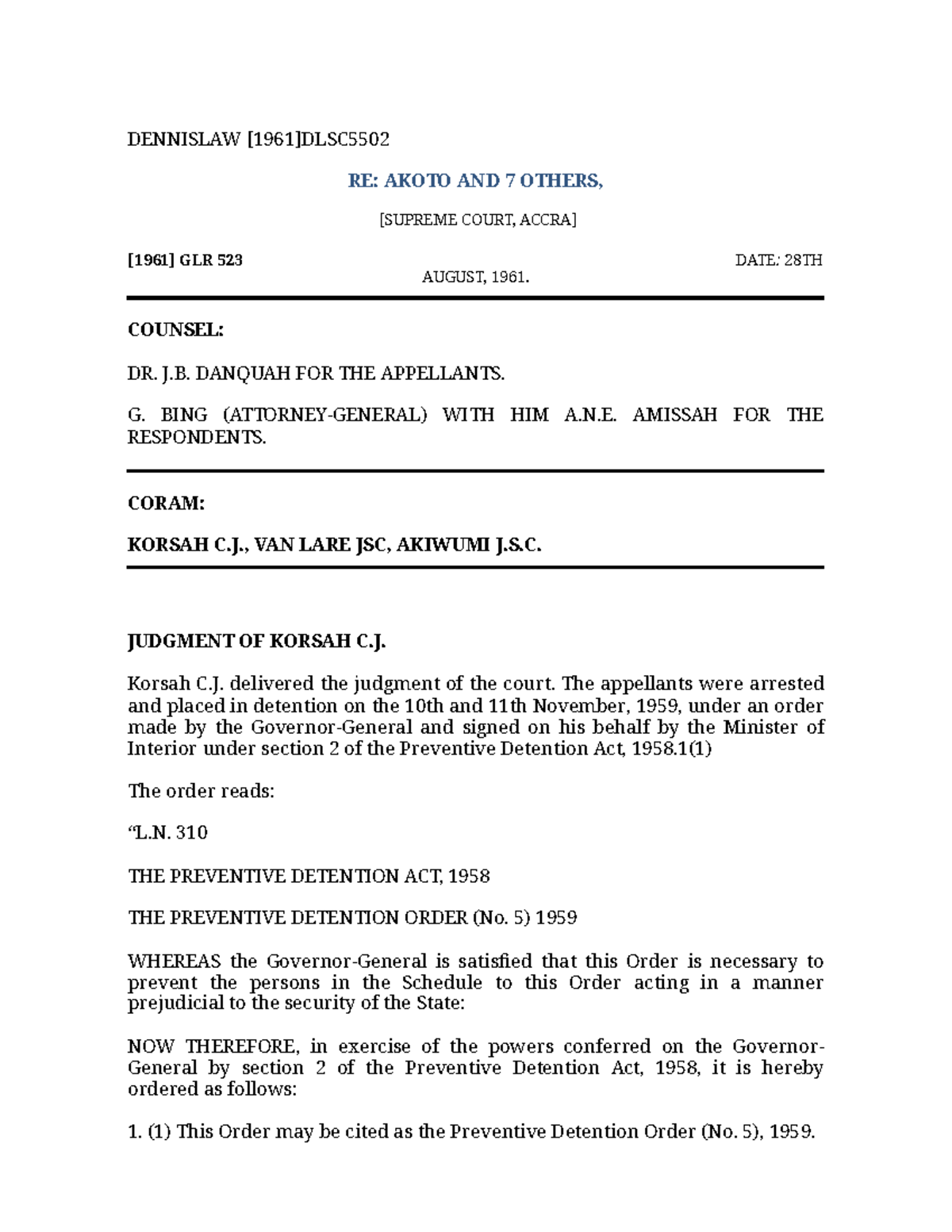 Re Akoto and Seven others - DENNISLAW [1961]DLSC RE: AKOTO AND 7 OTHERS ...