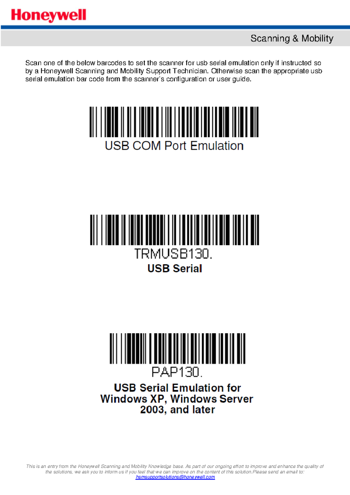 USB Serial Emulation Codes - This is an entry from the Honeywell ...