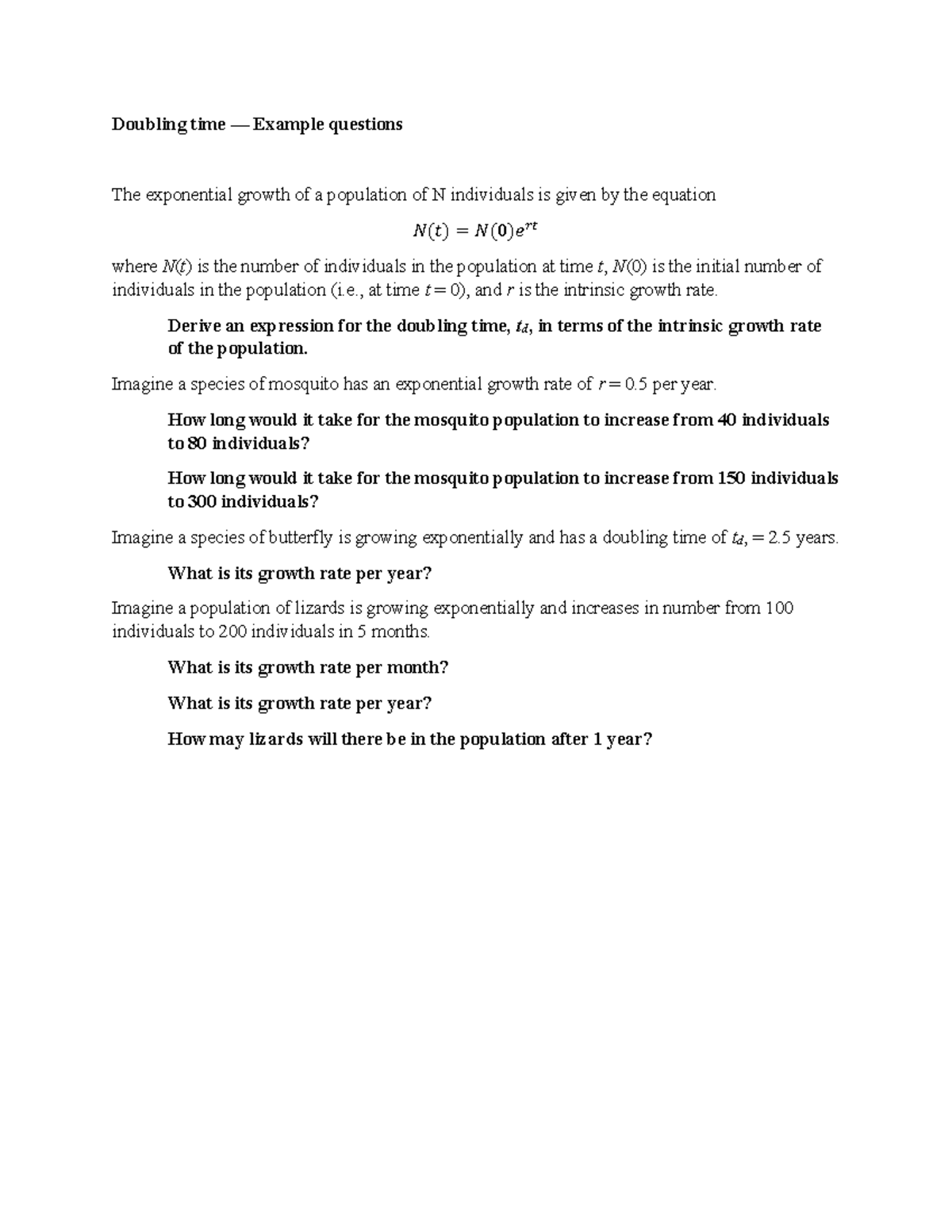 Doubling Time Example Question - Doubling time — Example questions The ...