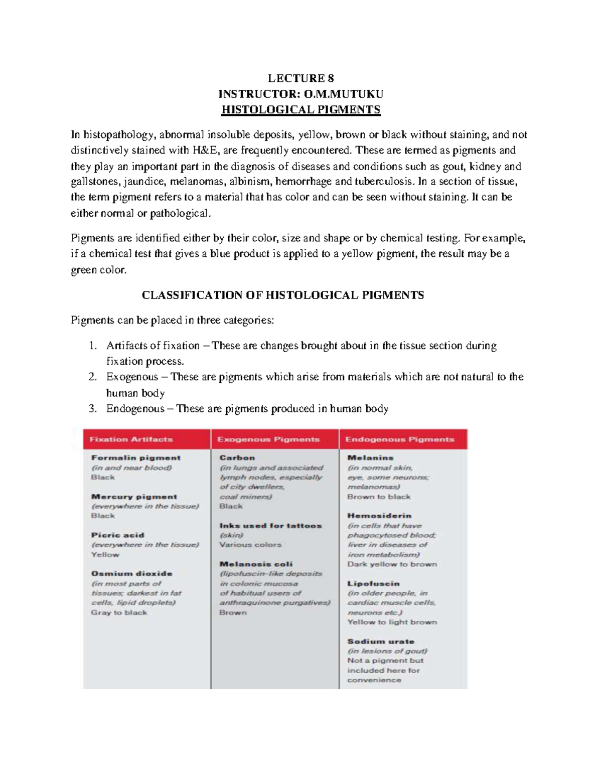 Lecture 8 - Histological Pigments - LECTURE 8 INSTRUCTOR: O.M ...