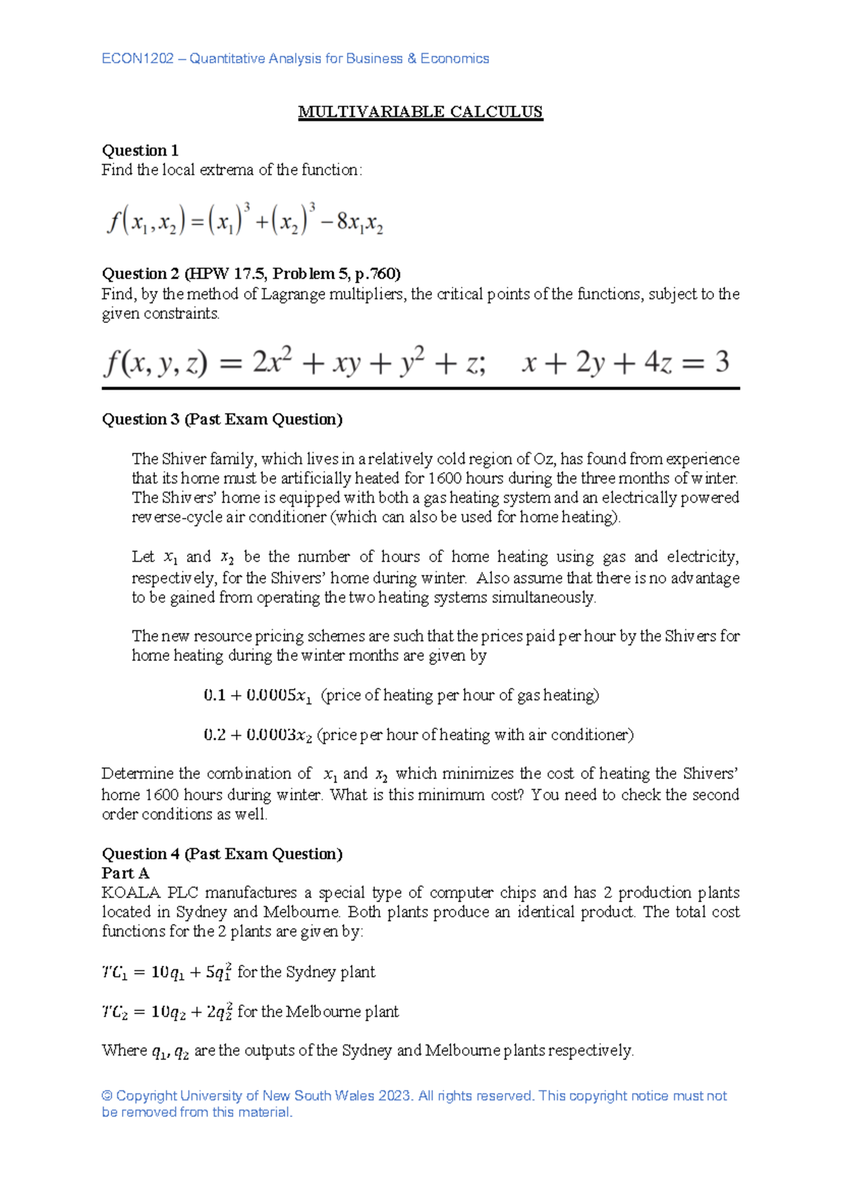 Multivariable Calculus Econ1202 Quantitative Analysis For Business And Economics © Copyright