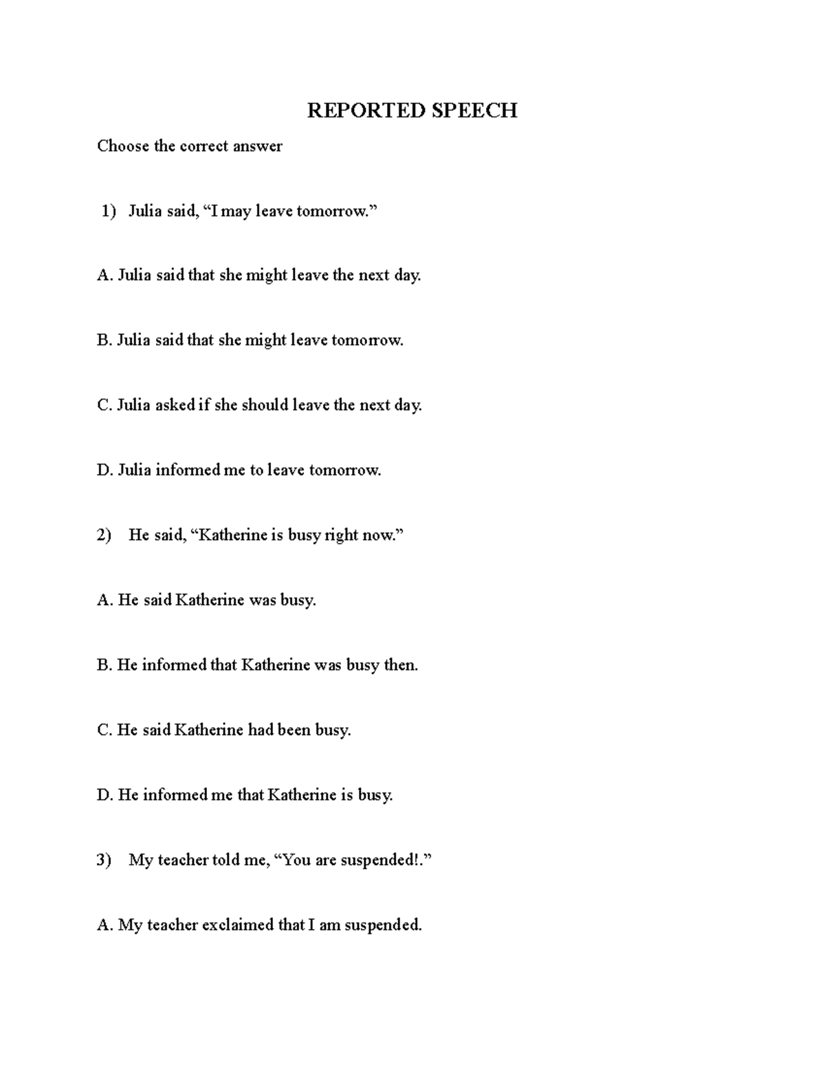 Reported Speech - fvfvf - REPORTED SPEECH Choose the correct answer 1 ...