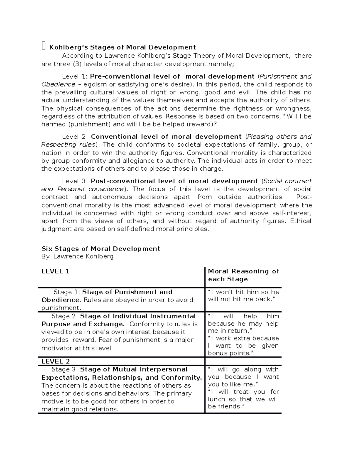 Kohlberg’s Theory - Kohlberg’s Stages of Moral Development According to ...