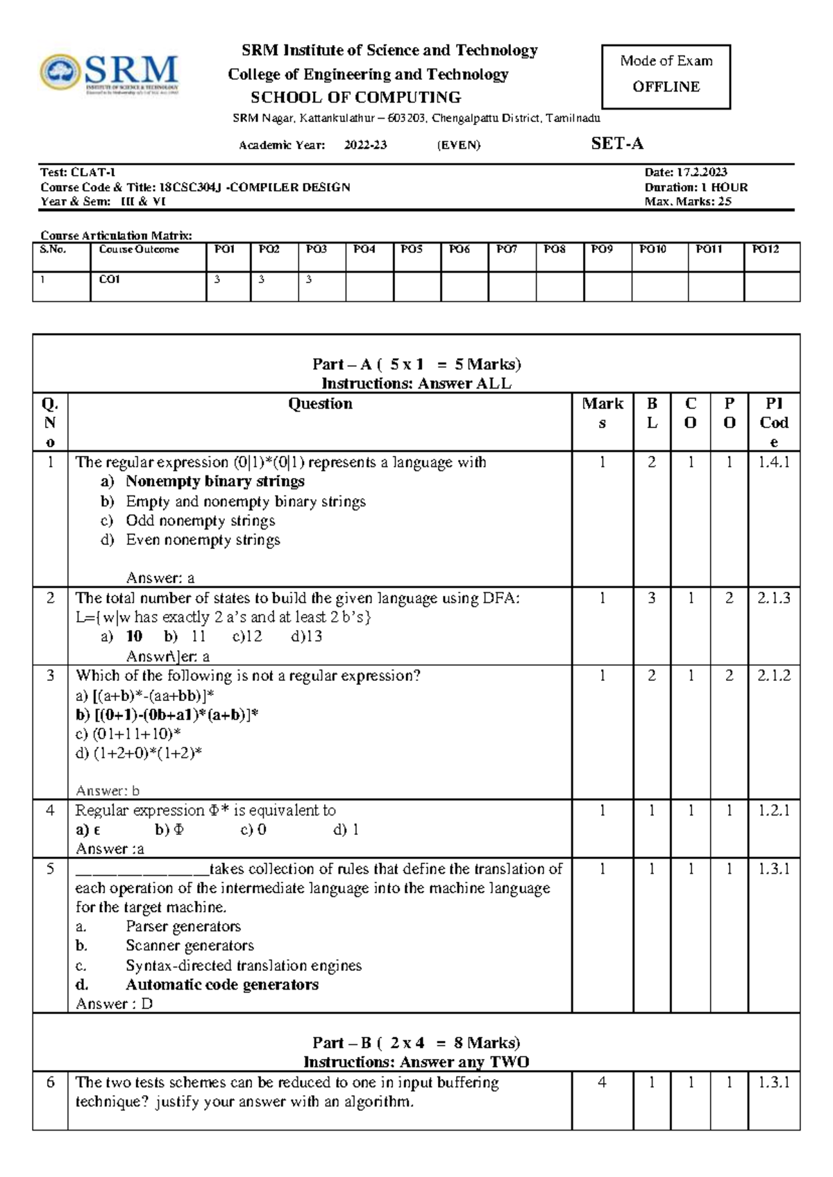 Ct1 Set A Answer Key Compiler Design Srm Institute Of Science And Technology College Of