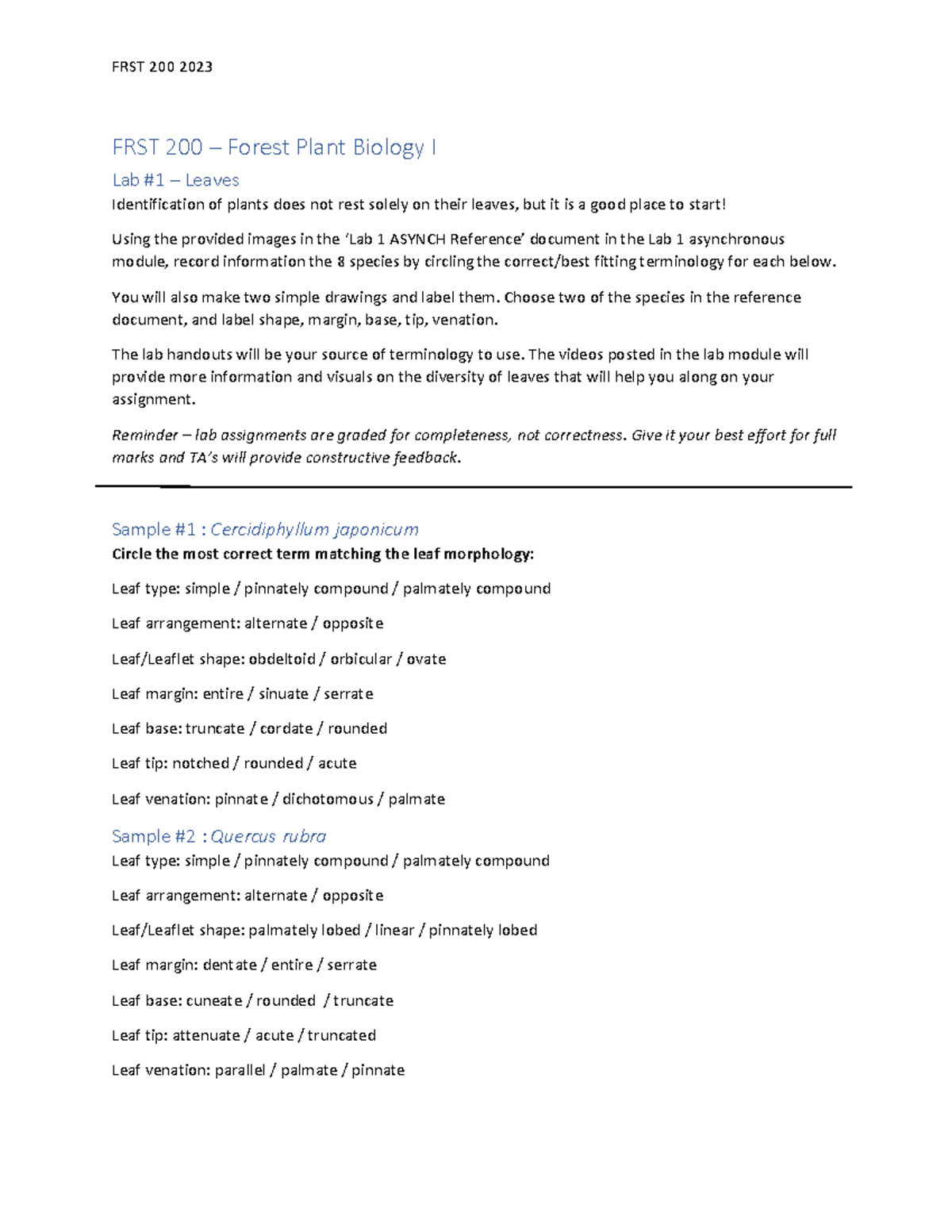 Lab 1 Activity Asynch 2023 - FRST 200 – Forest Plant Biology I Lab #1 ...