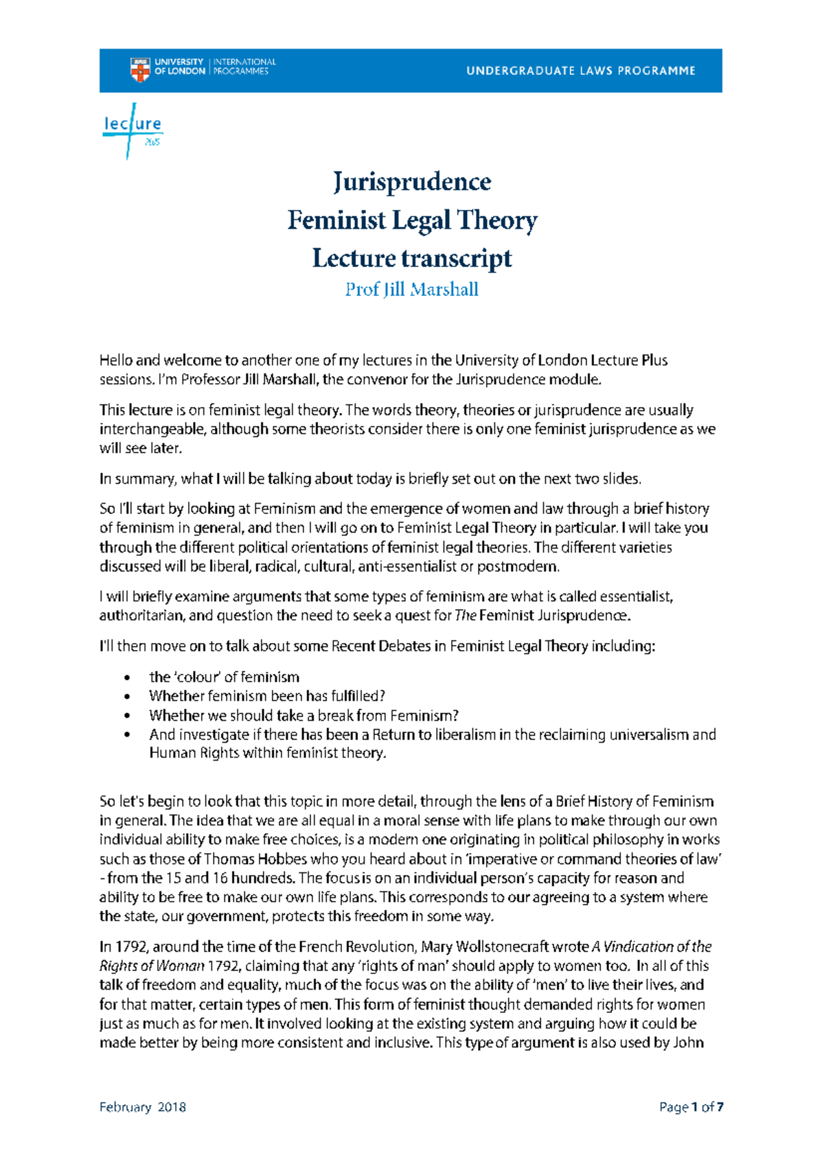 Lecture Plus 2017-18 Jurisprudence transcipt - UNIVERSITY INTERNATIONAL OF LONDON PROGRAMMES ...