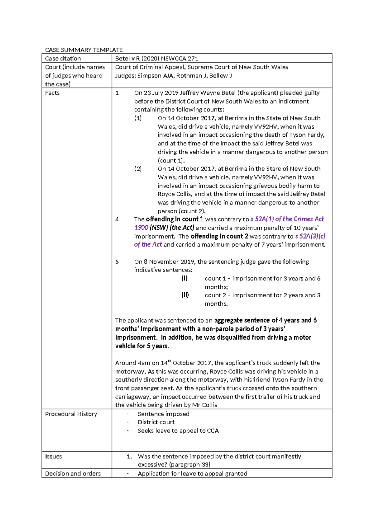 Betel v R (2020) Case Summary - CASE SUMMARY TEMPLATE Case citation ...
