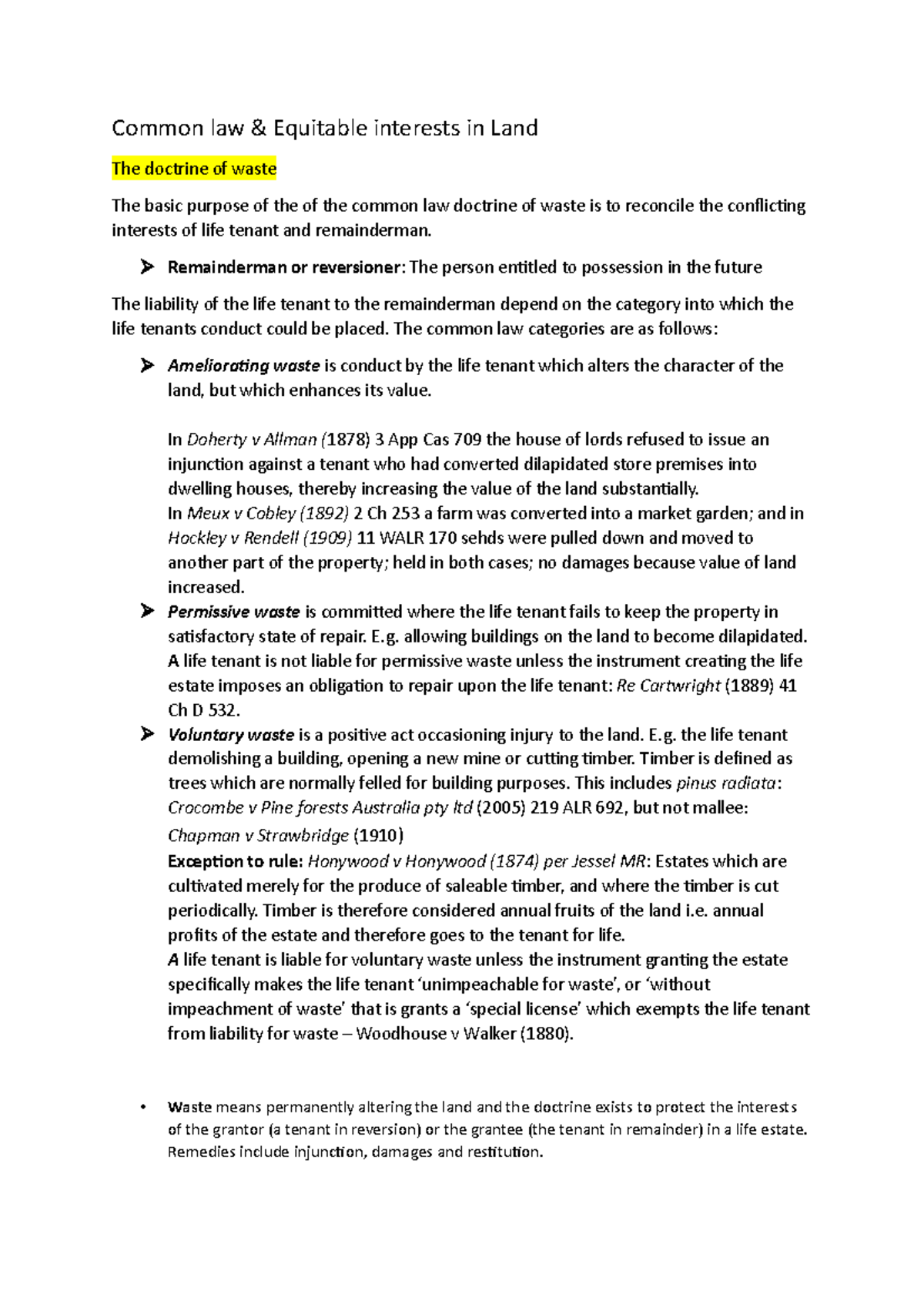 Prop - prop law - Common law & Equitable interests in Land The doctrine ...