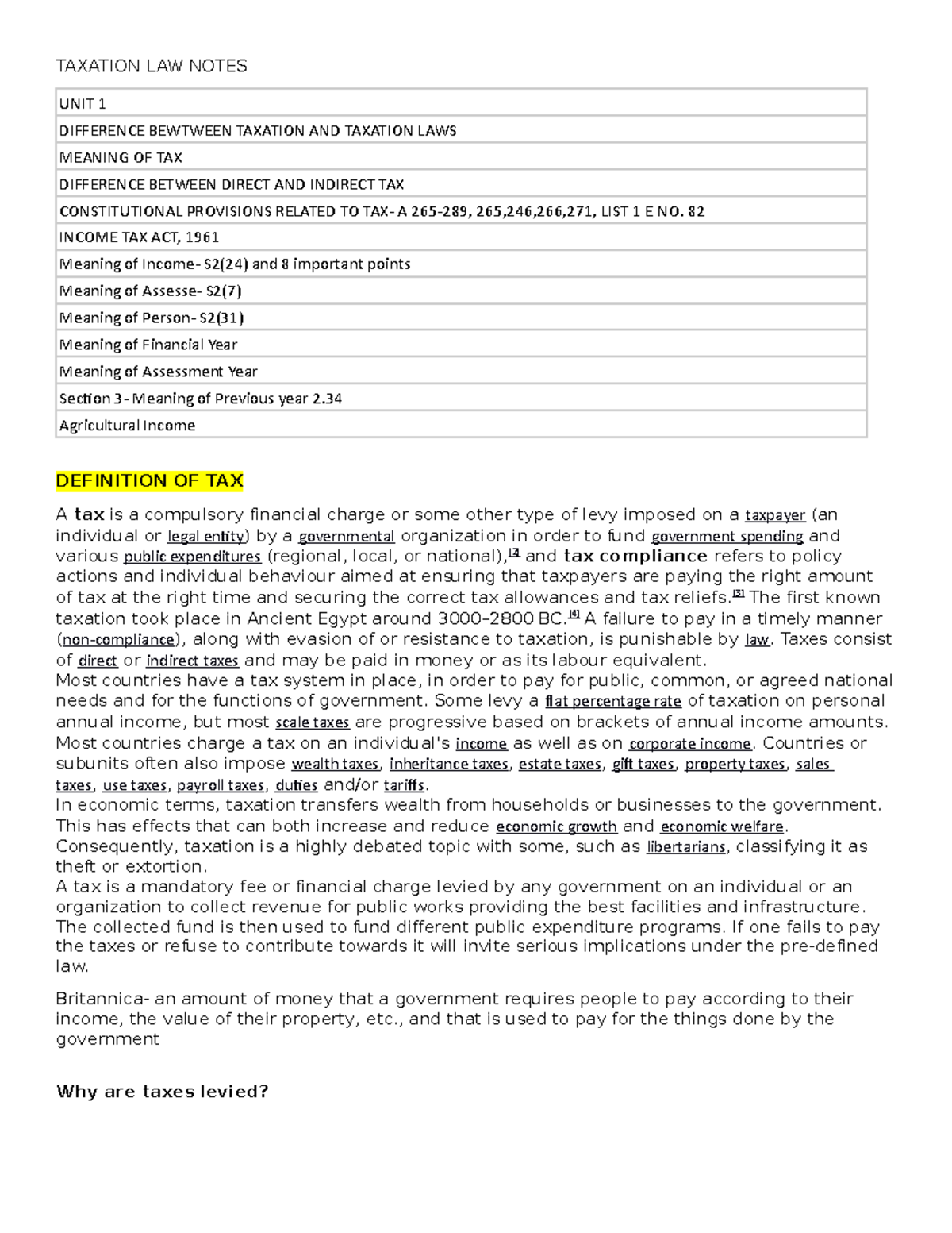 UNIT 1 Notes - Introduction to the concept of tax law - TAXATION LAW ...
