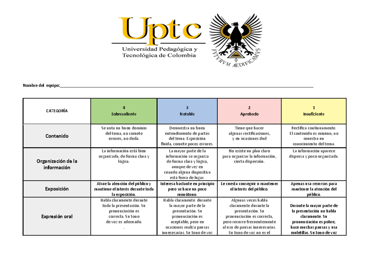 Rúbrica exposicíón oral de una presentación - Nombre del - Studocu