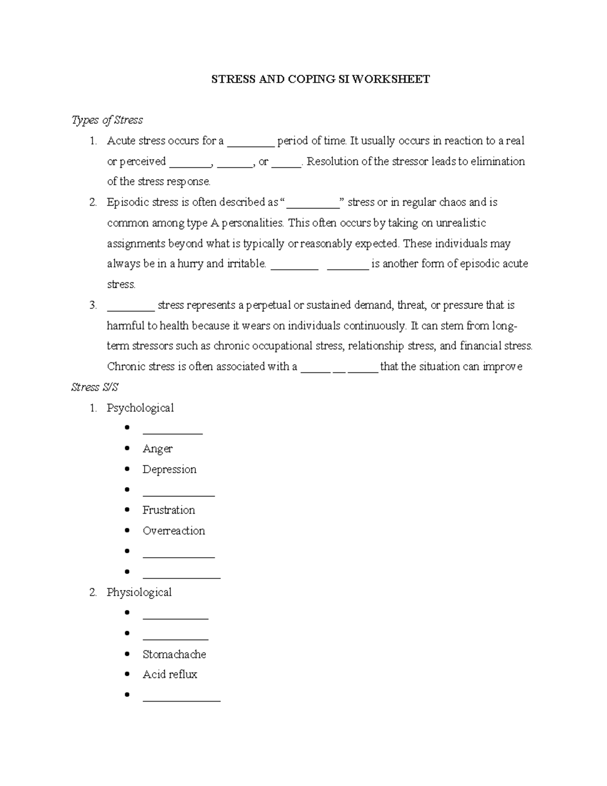 Stress Coping SI - STRESS AND COPING SI WORKSHEET Types of Stress 1 ...