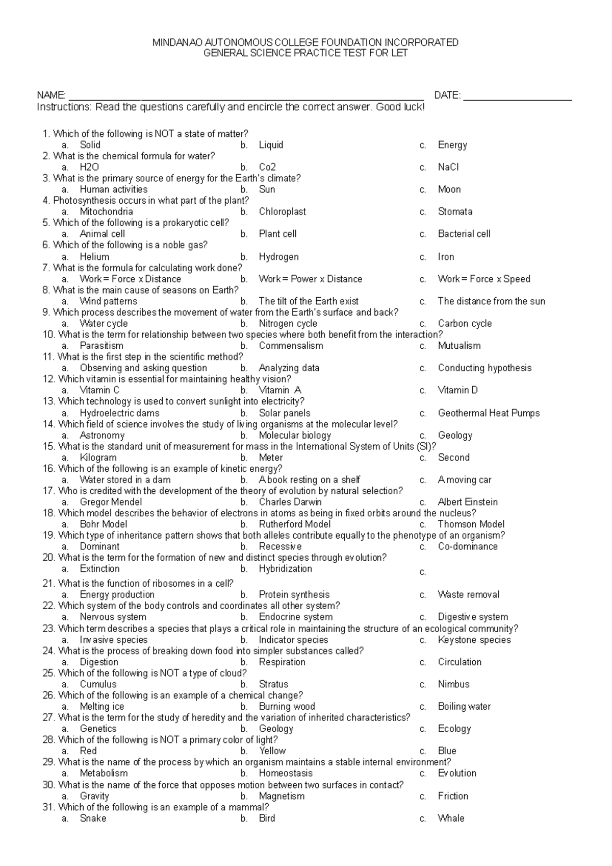General Science Practice Test - MINDANAO AUTONOMOUS COLLEGE FOUNDATION ...