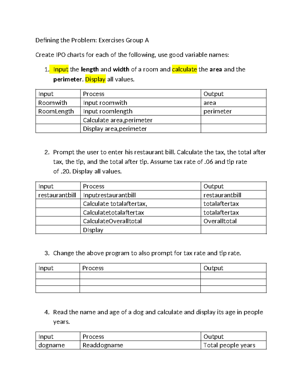 IPO Exercises - Defining the Problem: Exercises Group A Create IPO ...