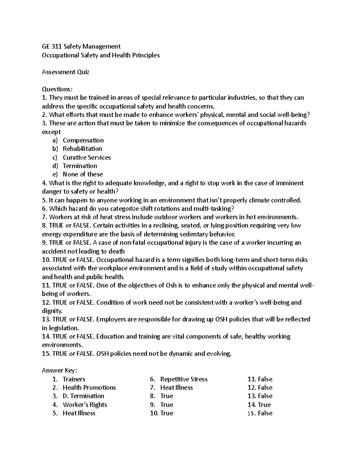 OSH Principles Assessment Quiz - GE 311 Safety Management Occupational ...