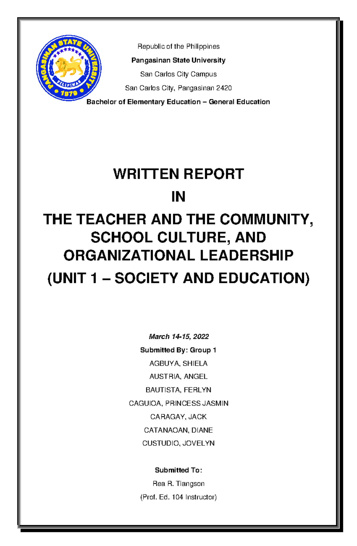 Prof Ed 104 - The Teacher and The School Community - Republic of the ...