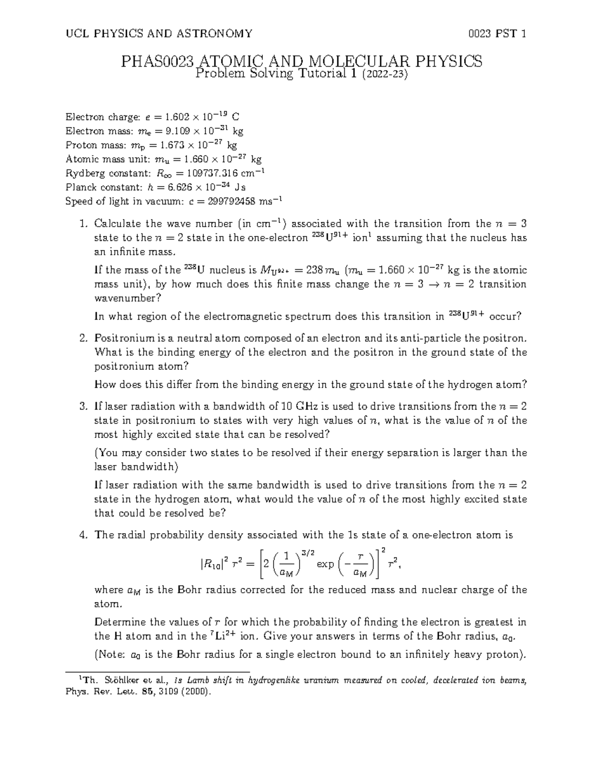 PST1 SOLN - Atomic and Molecular Problem Solving Tutorial 1 - UCL ...