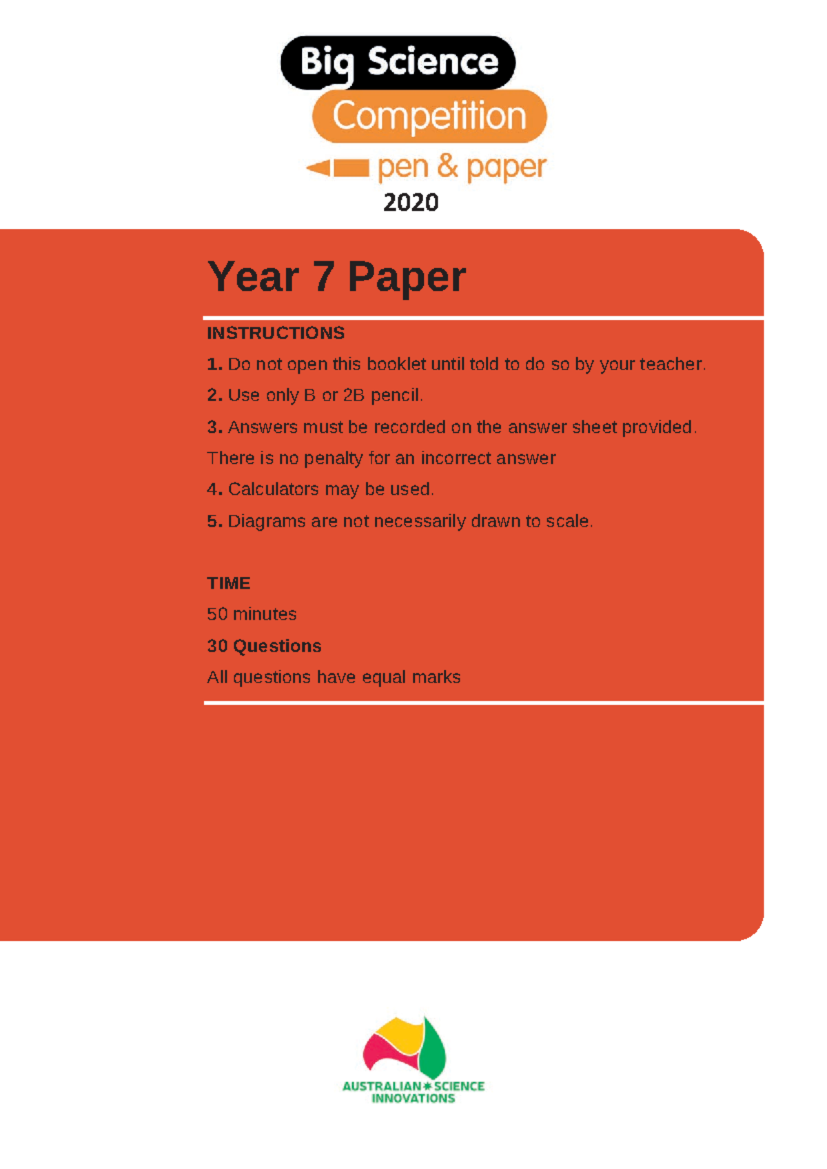 Big Science Competition Year 7 2020 Paper - Year 7 Paper INSTRUCTIONS 1 ...