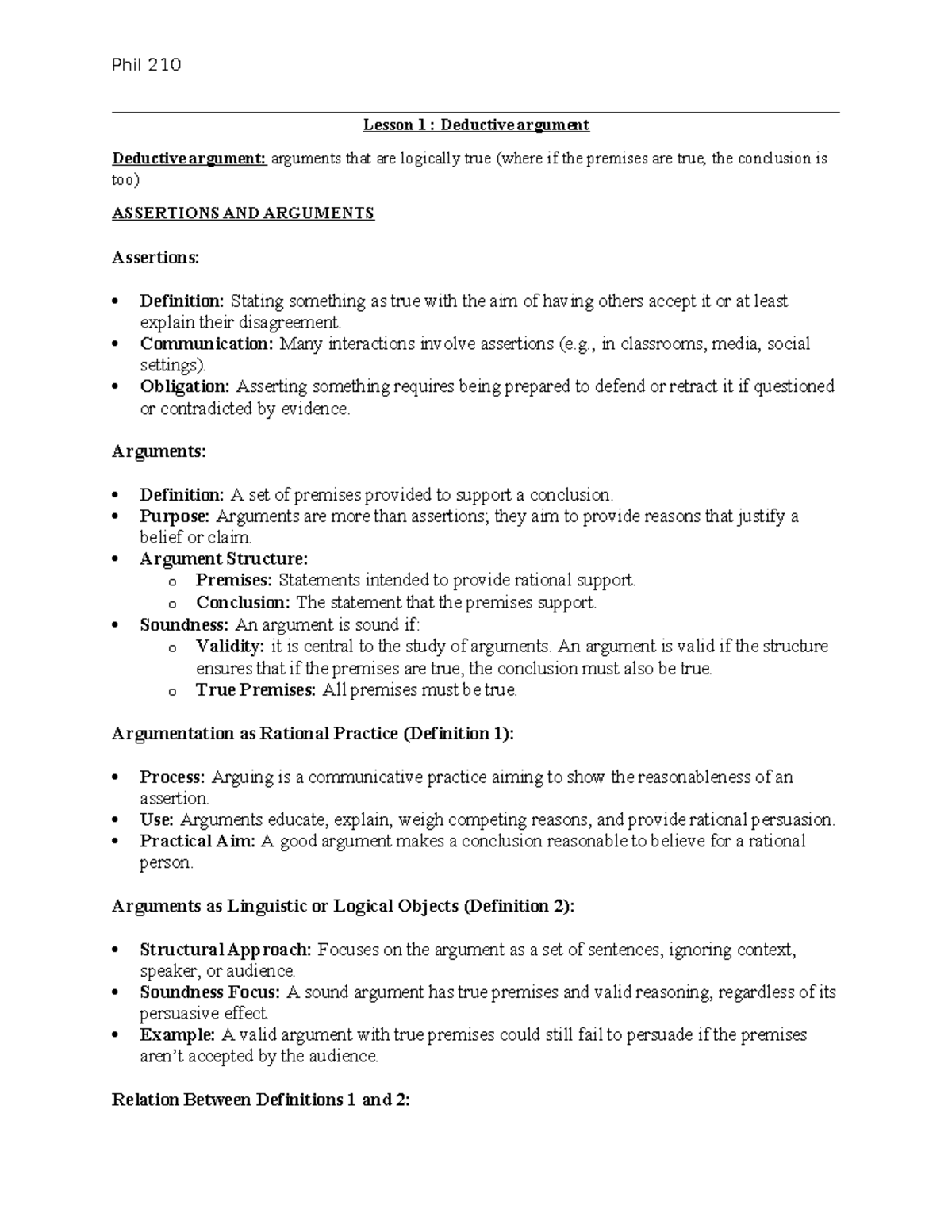 Phil 210 notes - Lesson 1 : Deductive argument Deductive argument ...