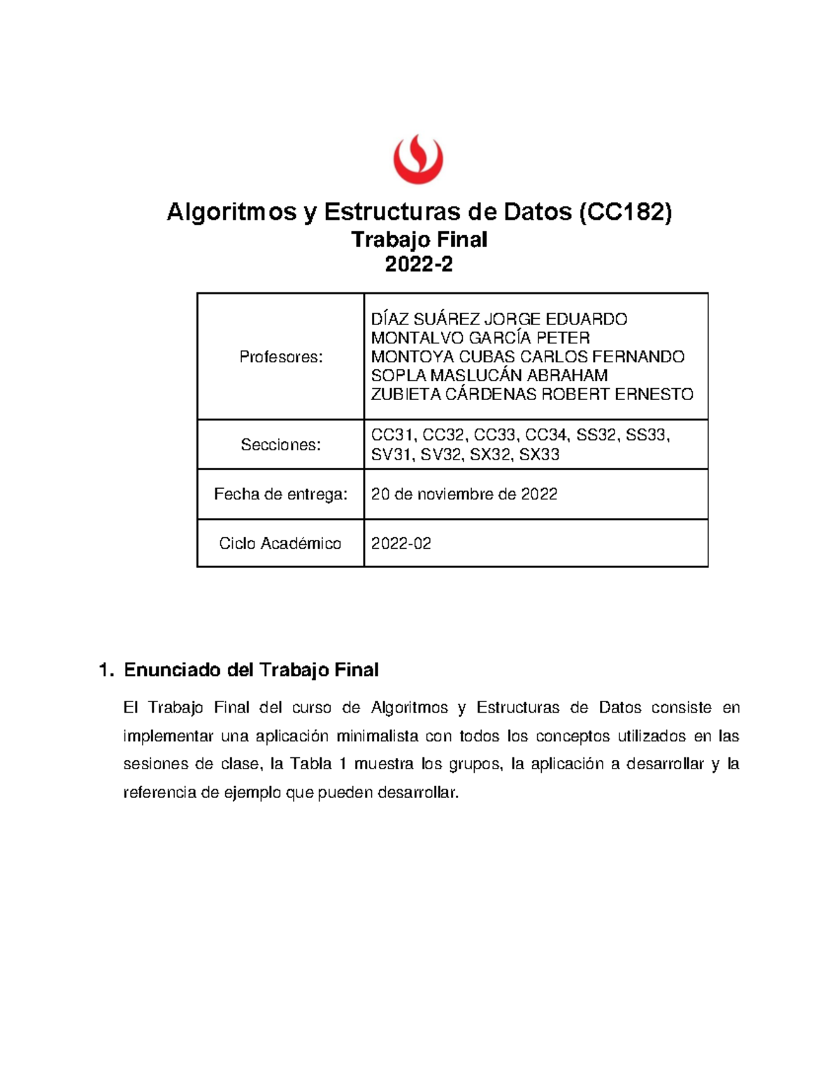 Enunciado de TF - Algoritmos y Estructura de Datos - Algoritmos y Estructuras de Datos (CC182 ...