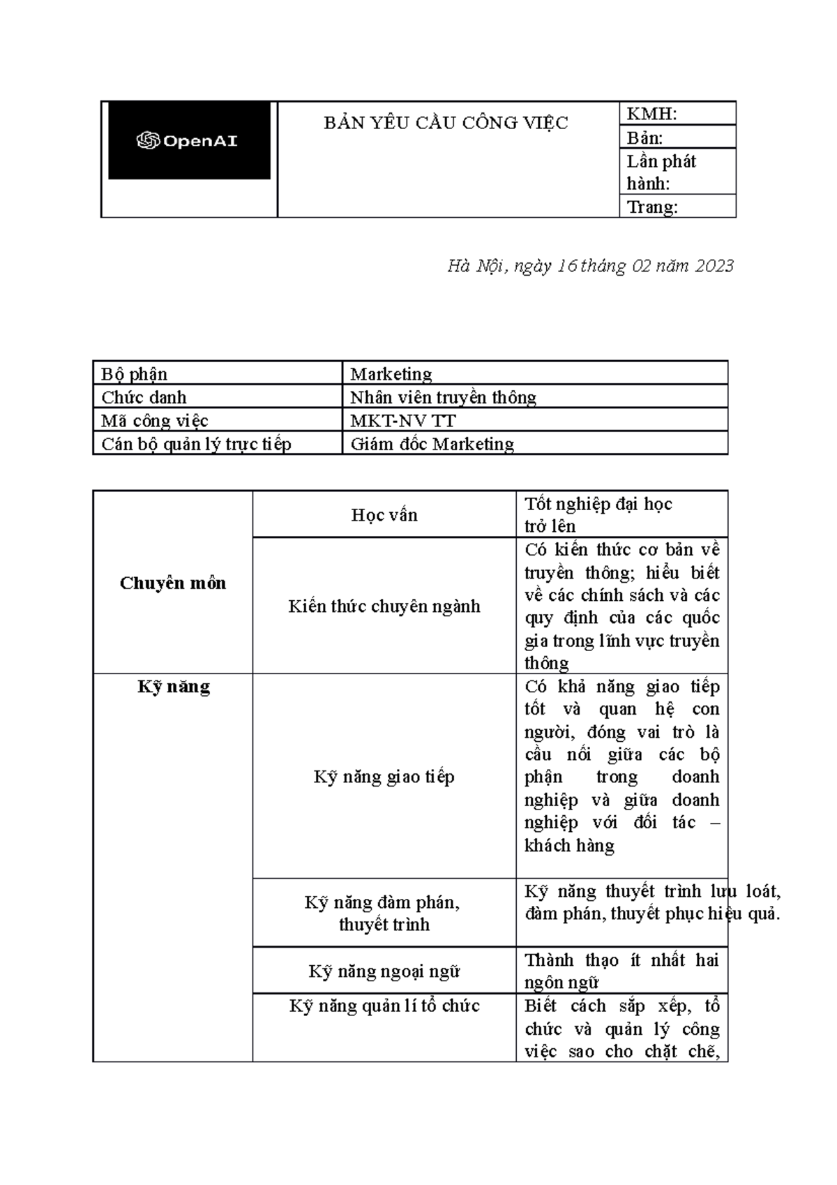 Bản mô tả công việc CHAT GPT - BẢN YÊU CẦU CÔNG VIỆC KMH: Bản: Lần phát ...